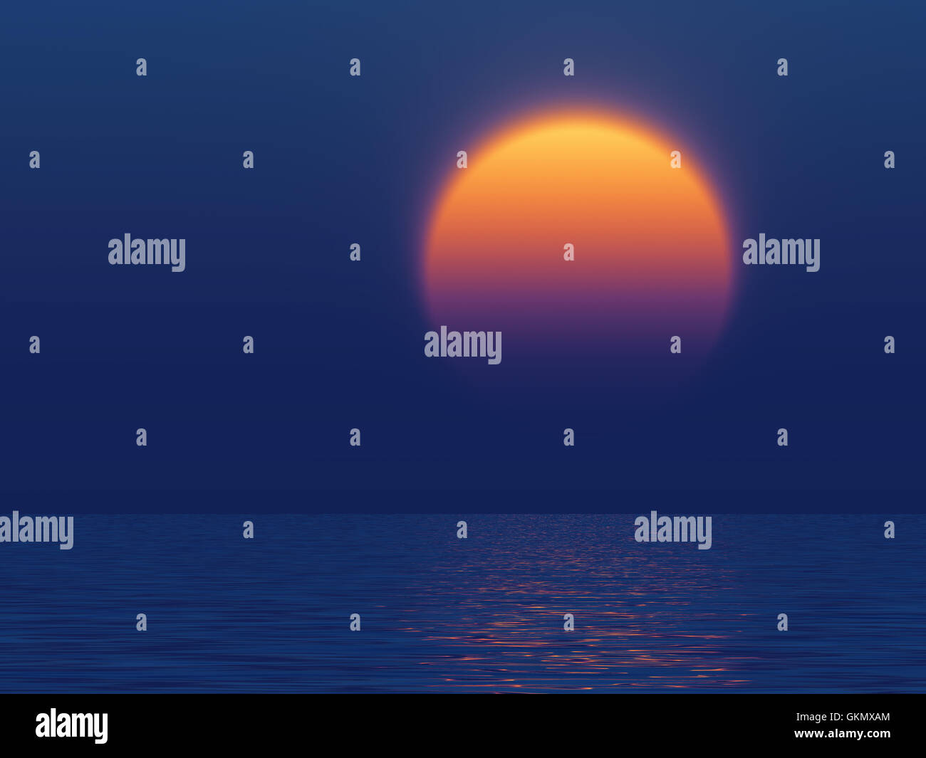 sunset with the large yellow sun reflected in water of ocean Stock ...