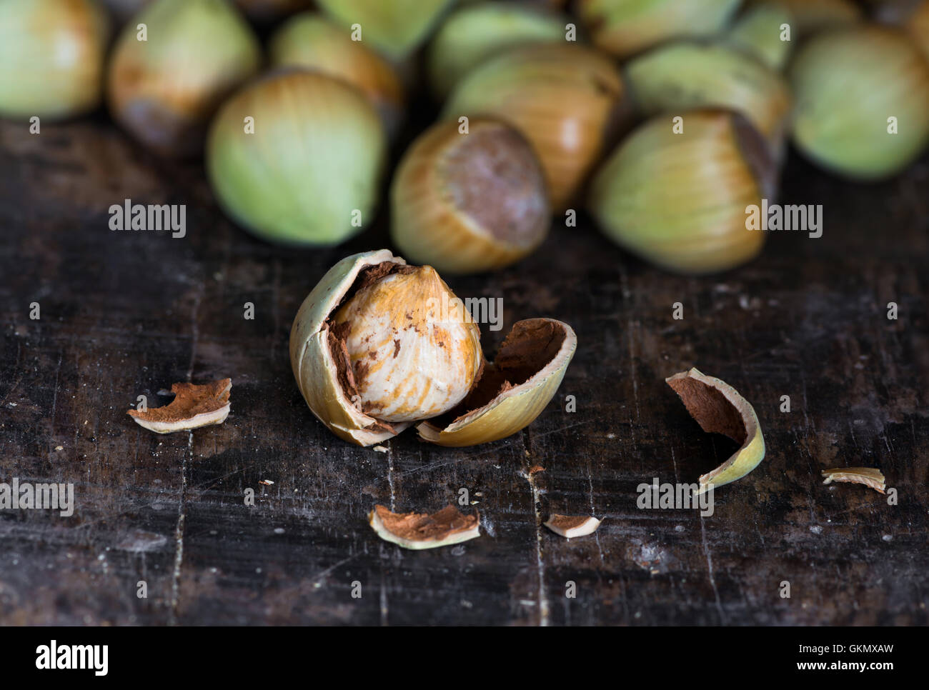 Fresh cobnuts and a cracked nut on vintage wooden background Stock ...