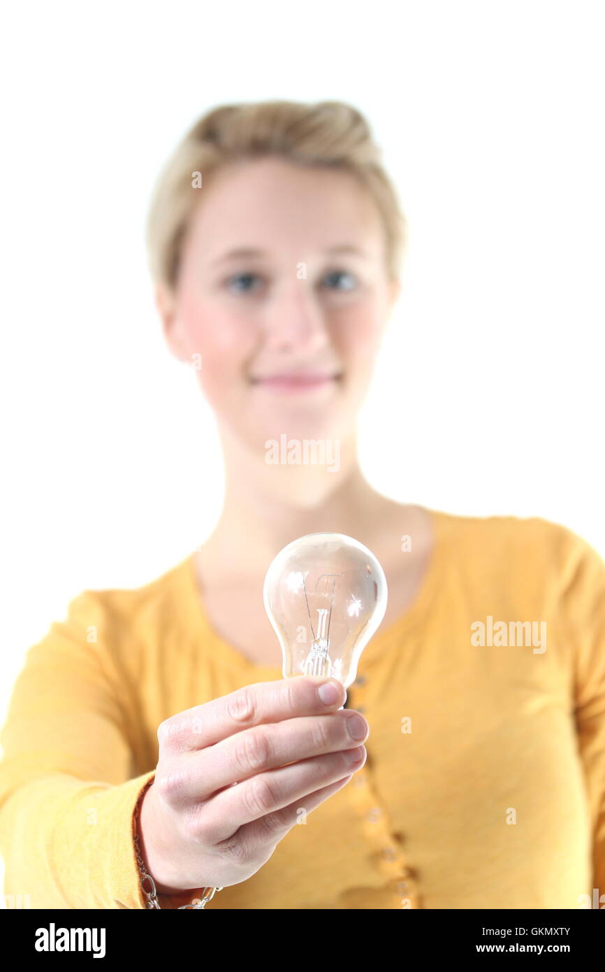 girl with light bulb Stock Photo - Alamy