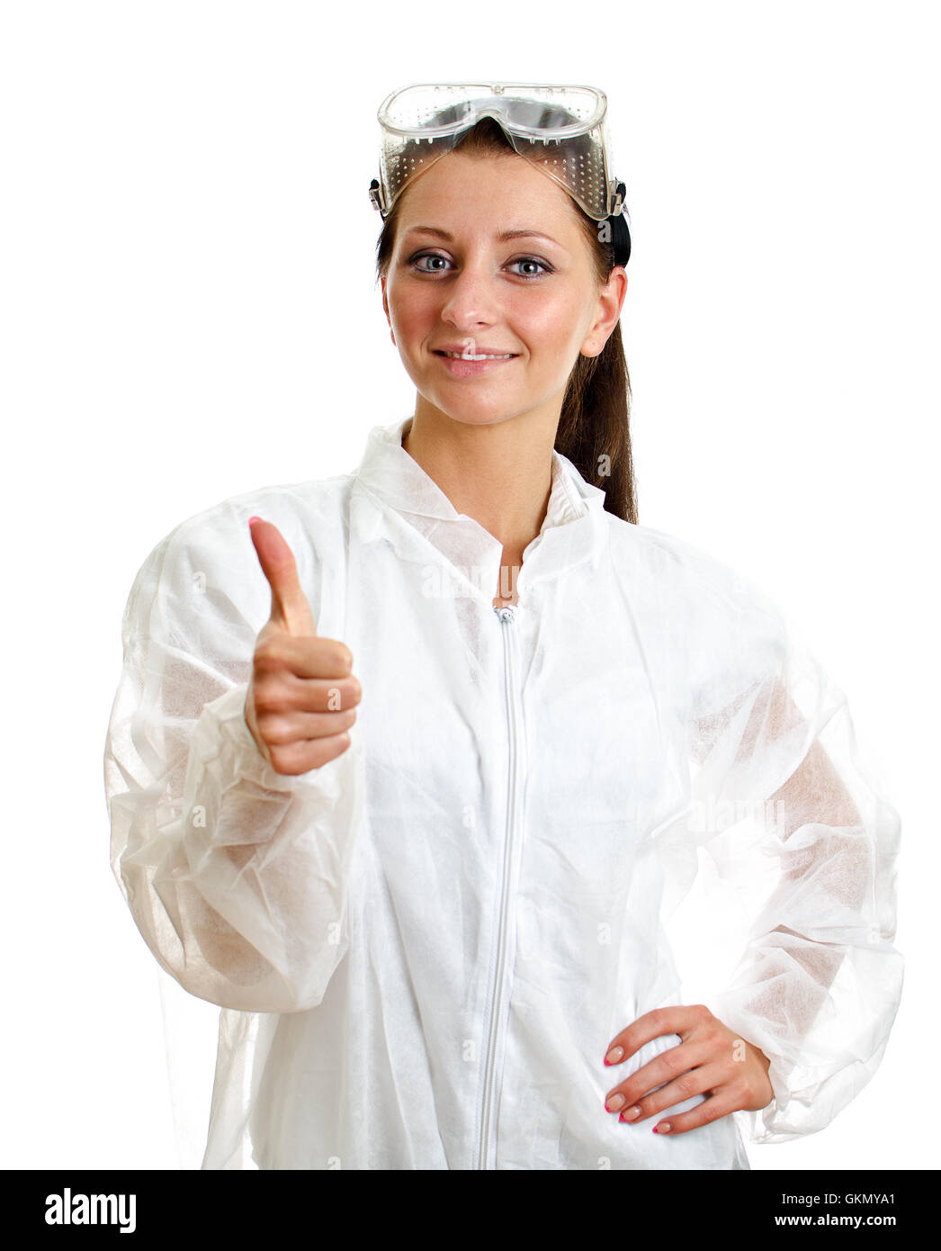 Female scientist in lab coat with thumb up gesture. Isolated on white ...
