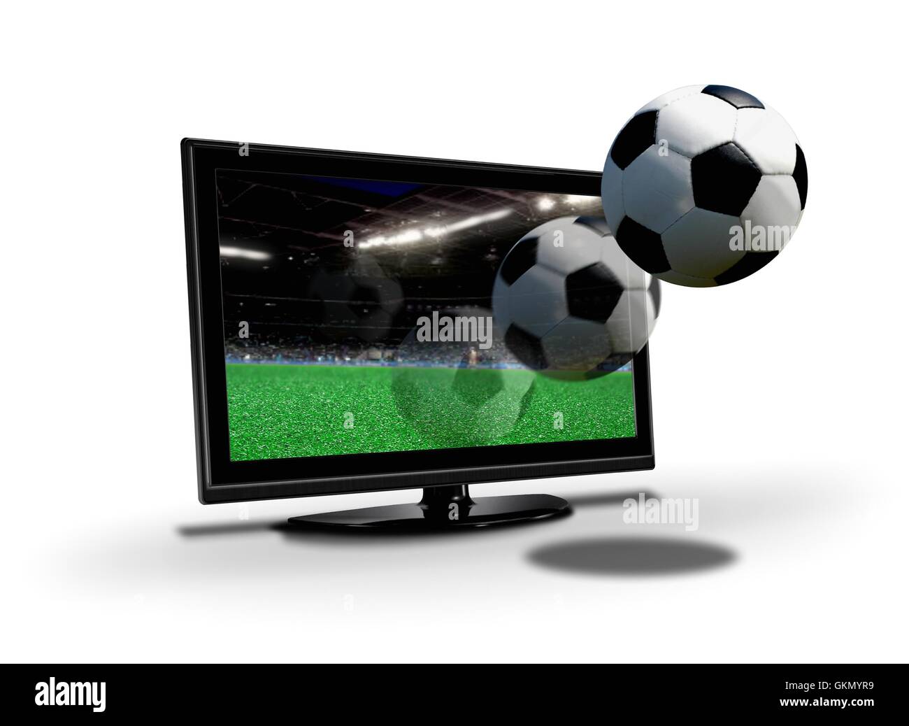 soccer ball flying out from LCD screen Stock Photo - Alamy