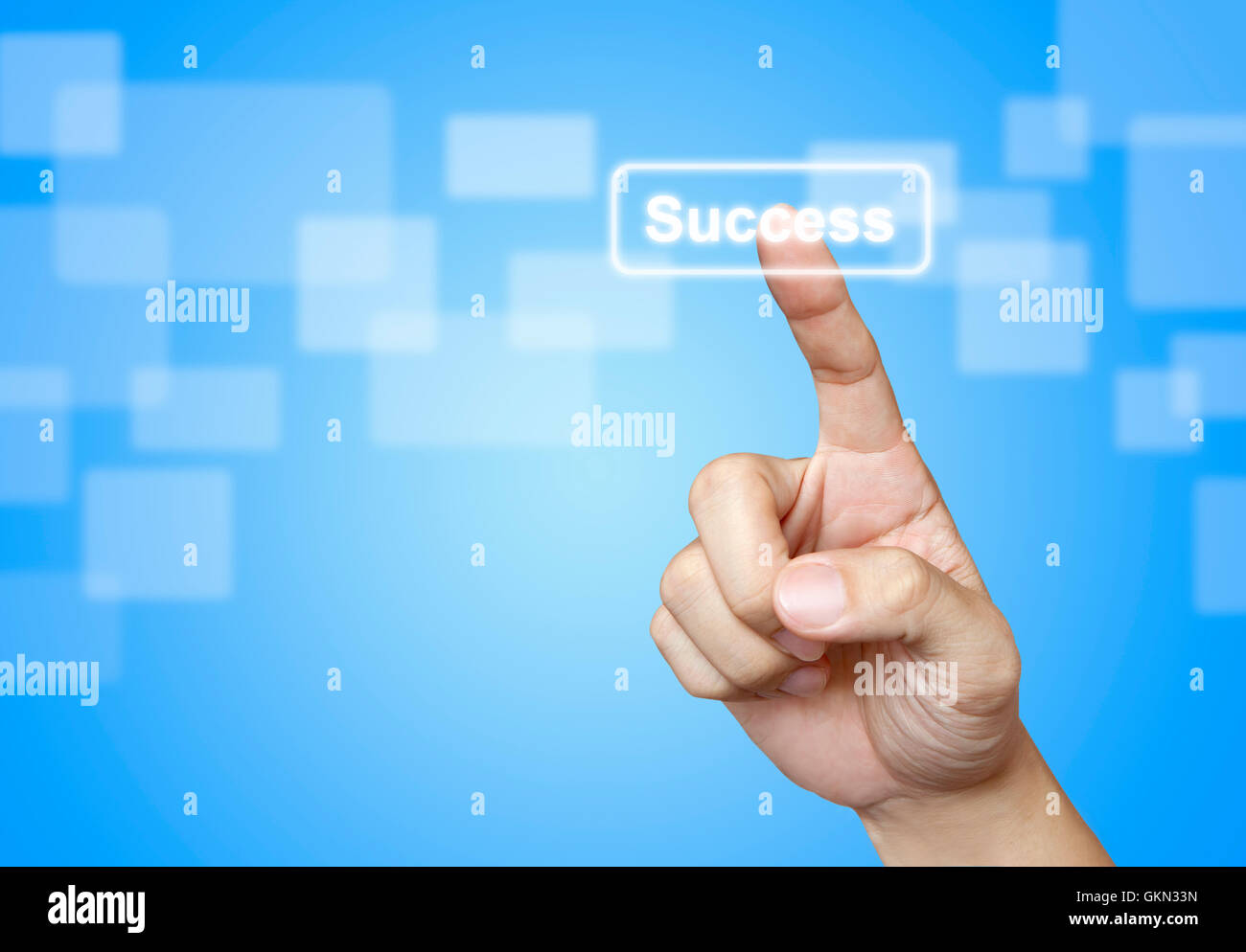 The hand press Success button on blue background Stock Photo - Alamy