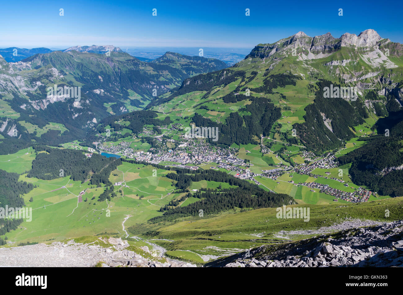 View of the town of Engelberg, Obwalden, Switzerland, situated in a ...