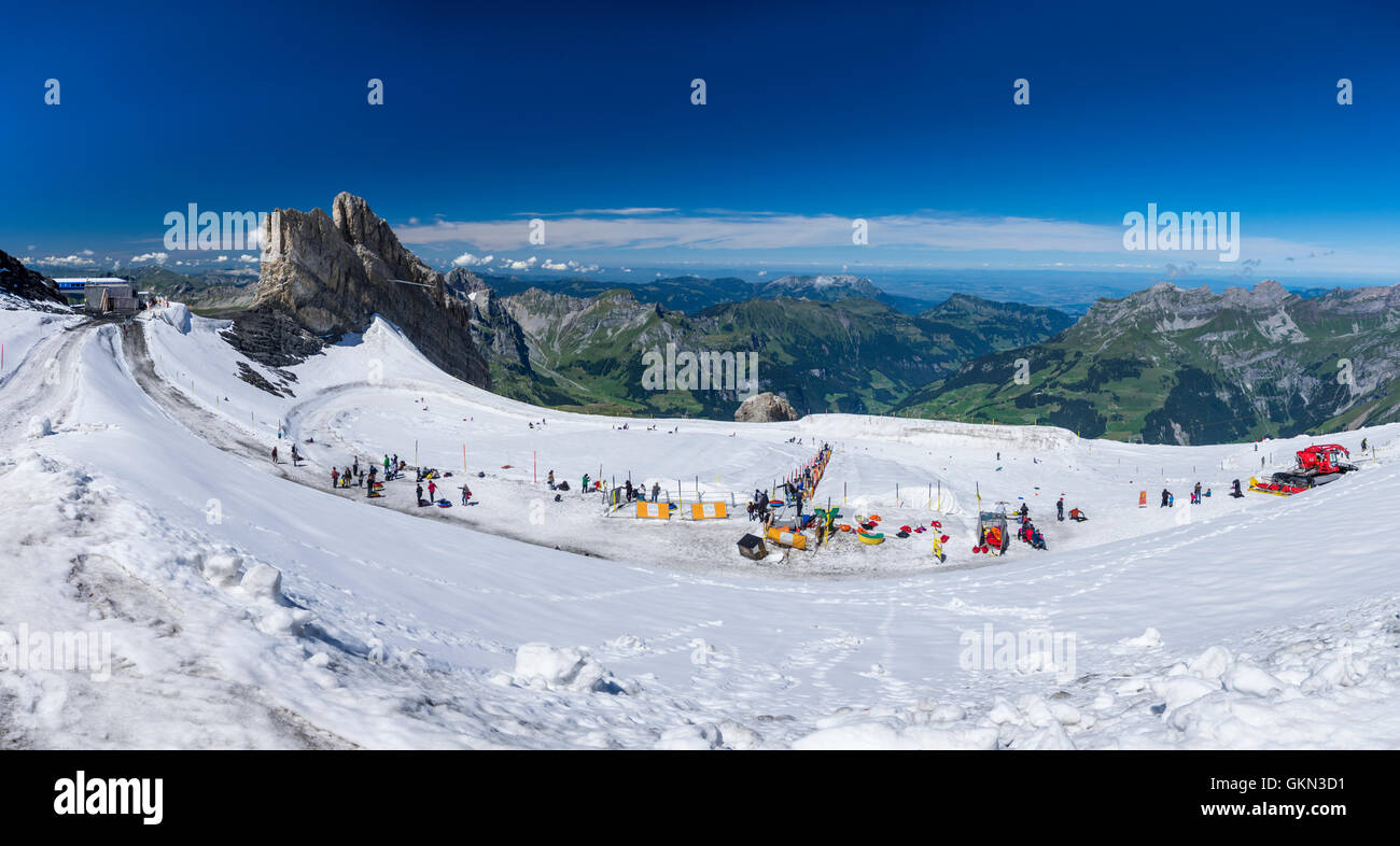 Panorama of the glacier park on Titlis glacier with various snow toys ...