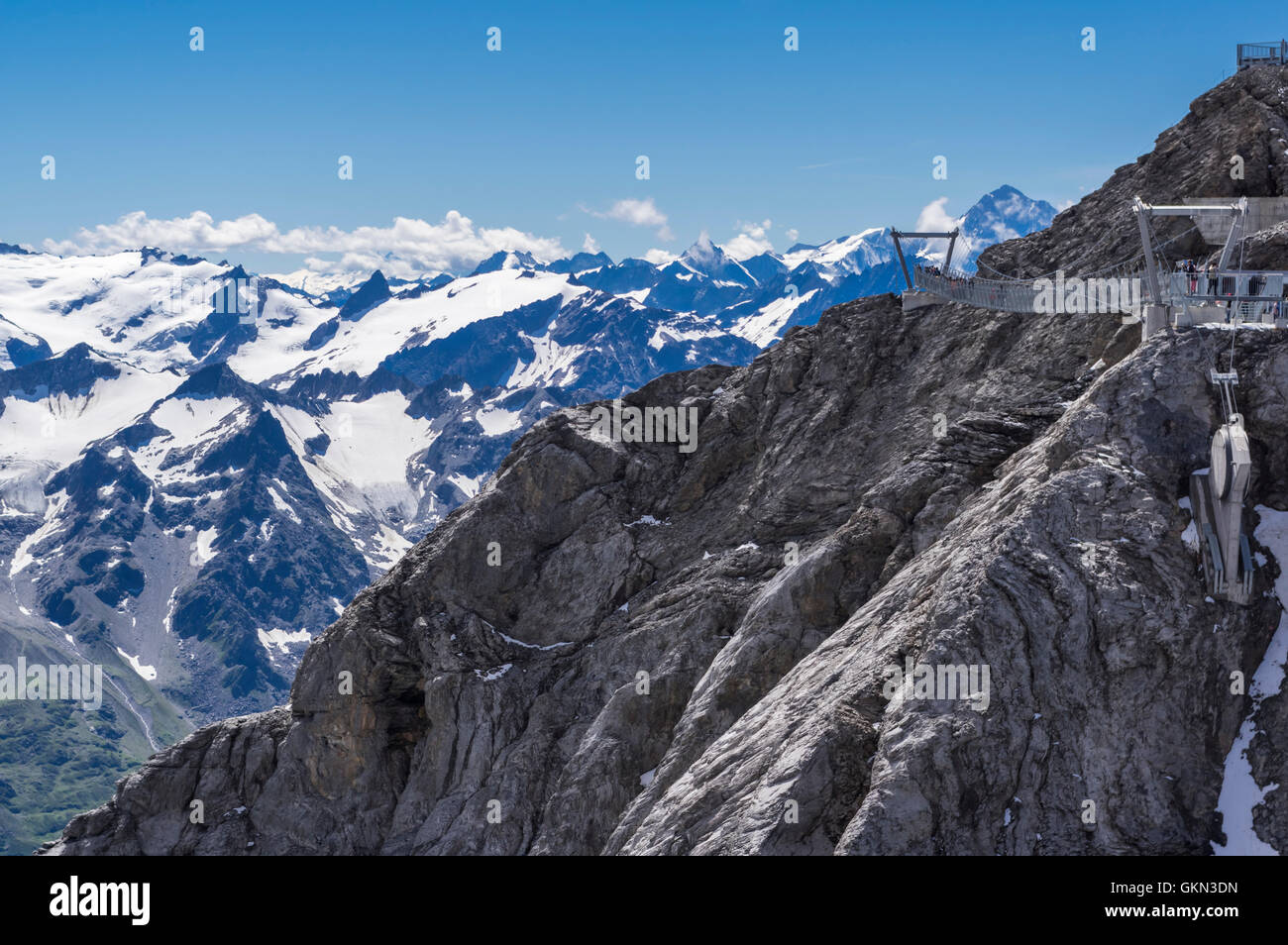 Titlis Cliff Walk suspension bridge on Klein Titlis. In the background ...