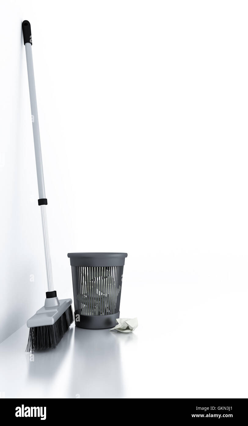 brush and a bucket of garbage in an empty light room Stock Photo - Alamy