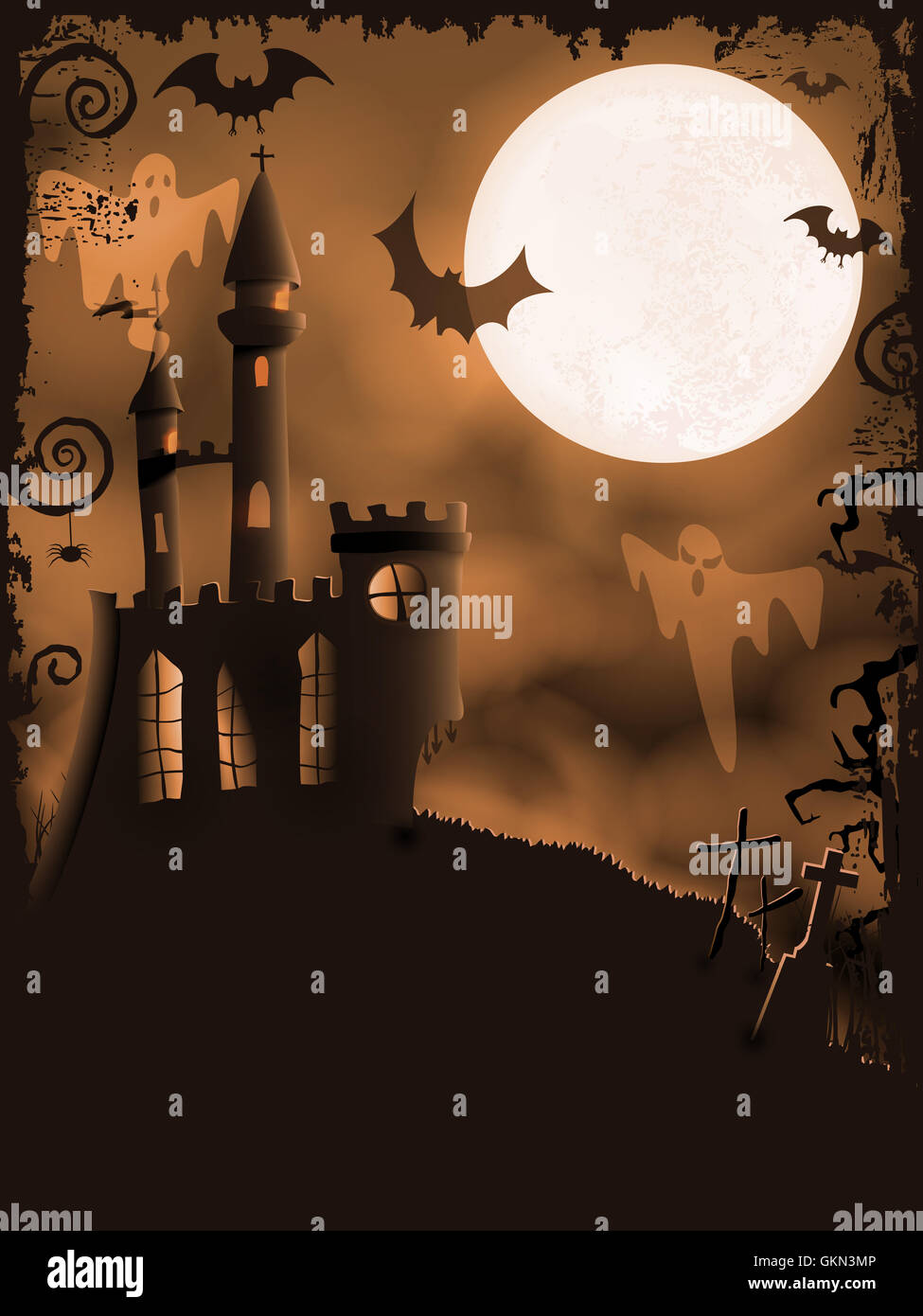 Spooky Halloween castle, vector background Stock Photo - Alamy