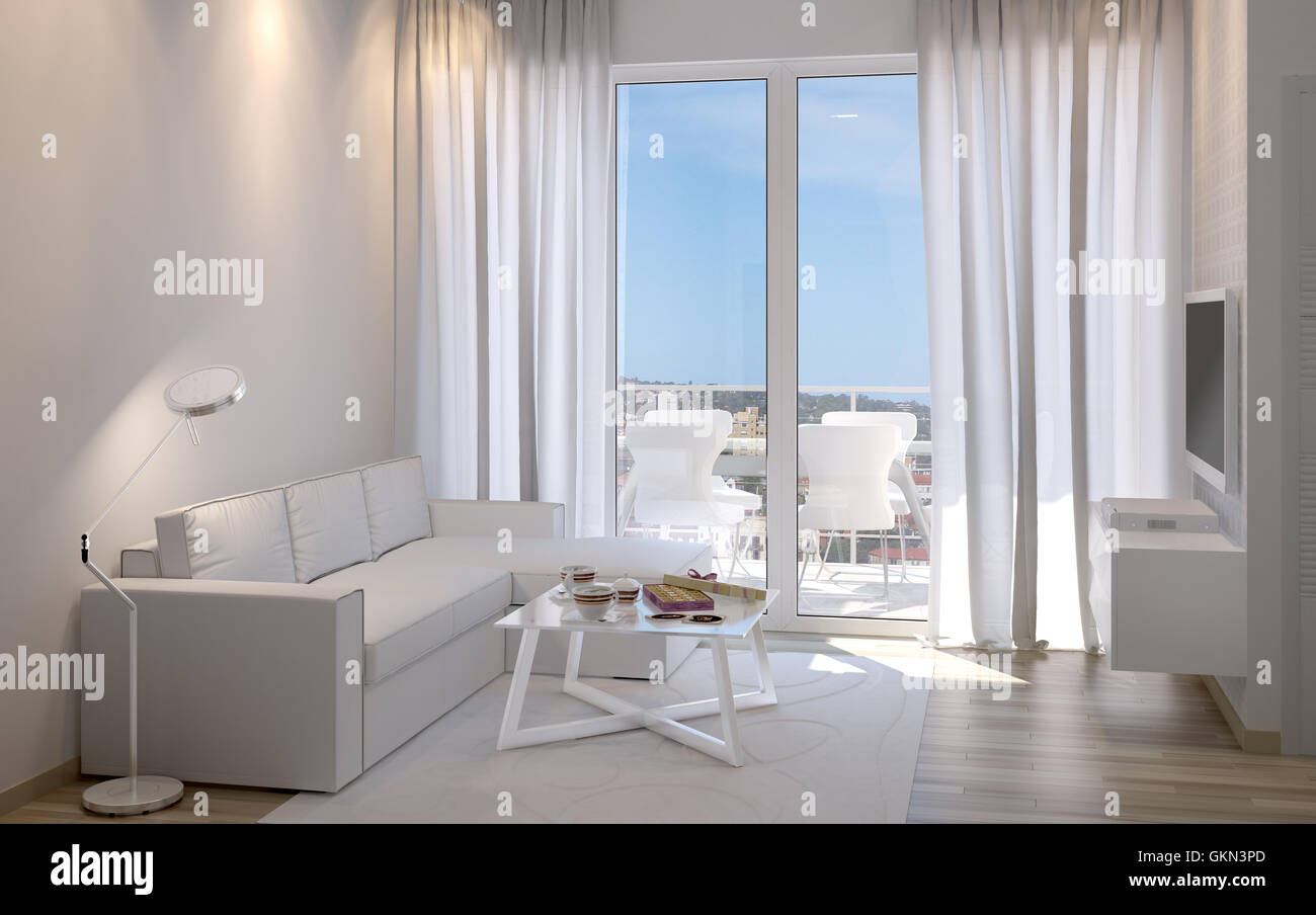 Modern interior with sofa and window 3D Stock Photo - Alamy