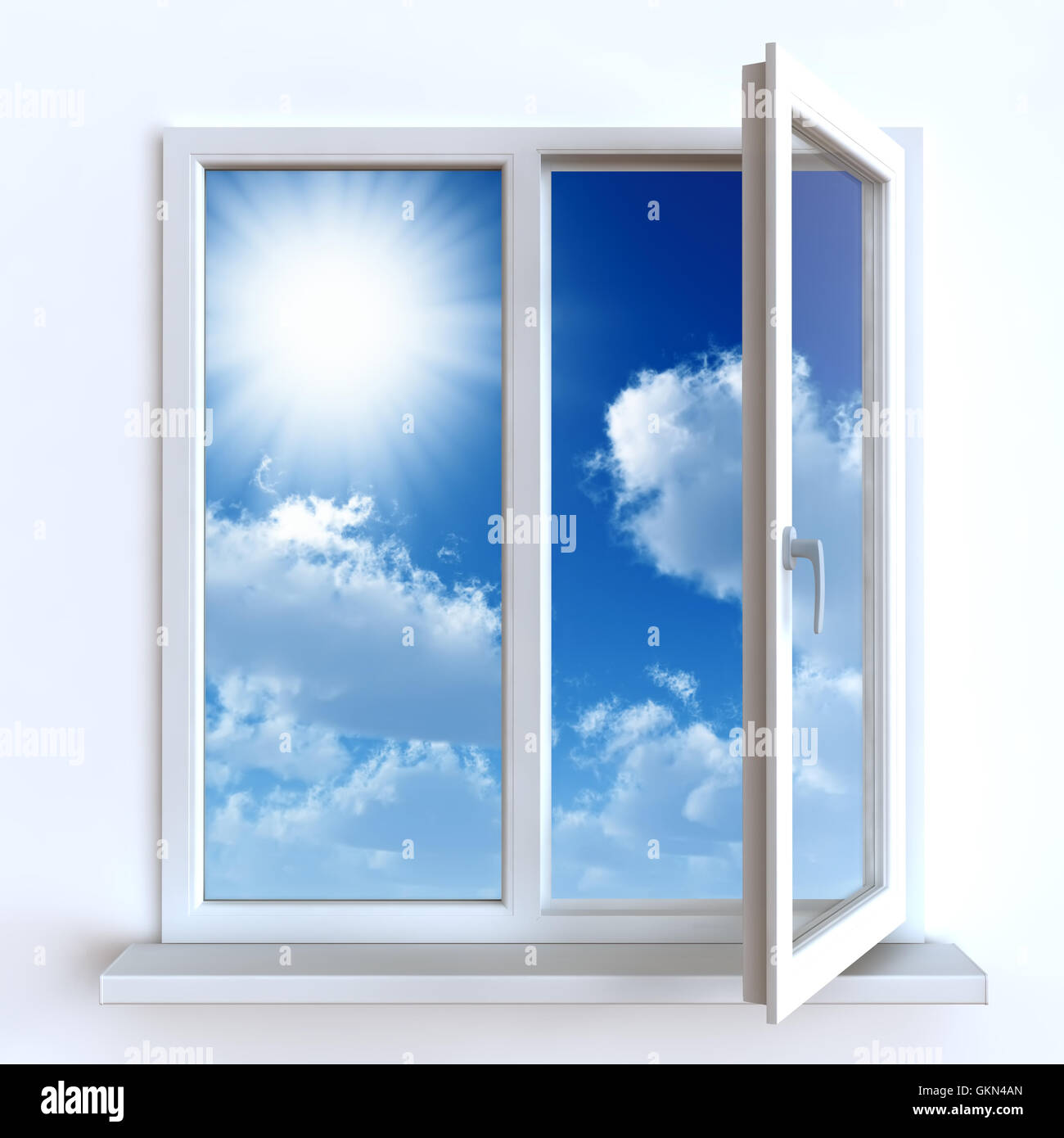 Open window against a white wall and the cloudy sky and sun Stock Photo ...