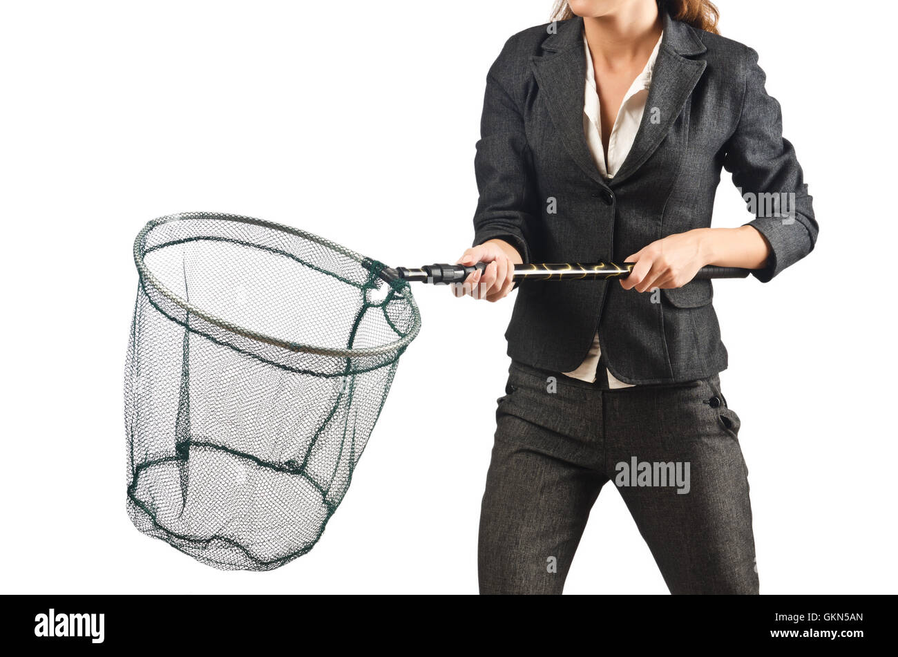 Woman with net isolated on white Stock Photo - Alamy