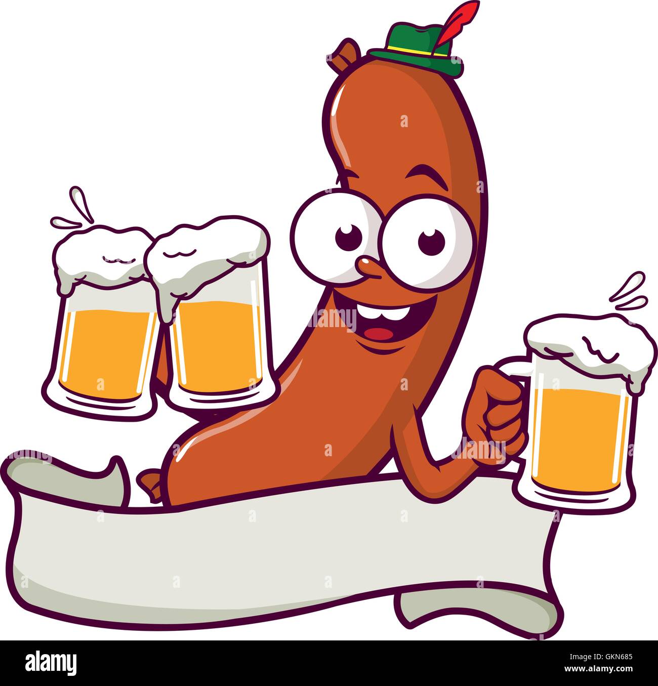Cartoon Oktoberfest sausage serving cold glasses of beer. Blank ribbon ...