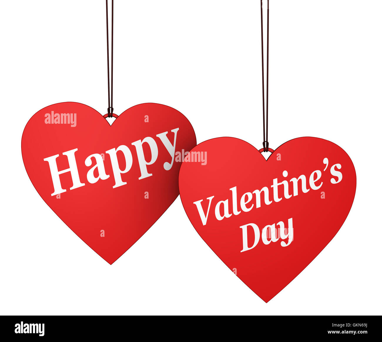 Happy Valentine's Day sign and text on two hanged red heart shaped ...