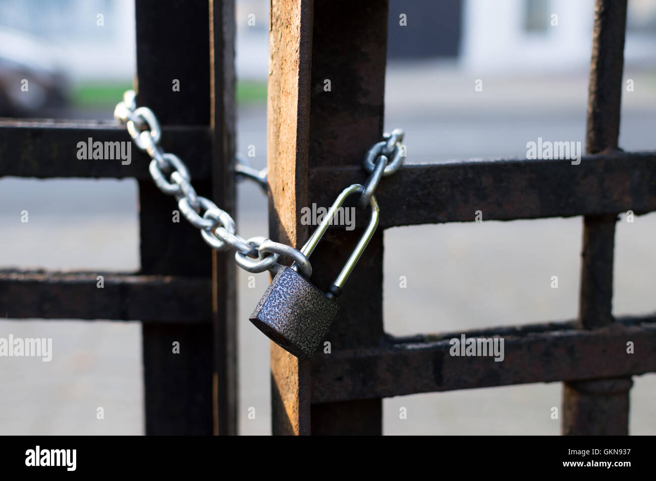 Chain and lock on the iron fence. Closeup view. Sharp lock. Blur ...