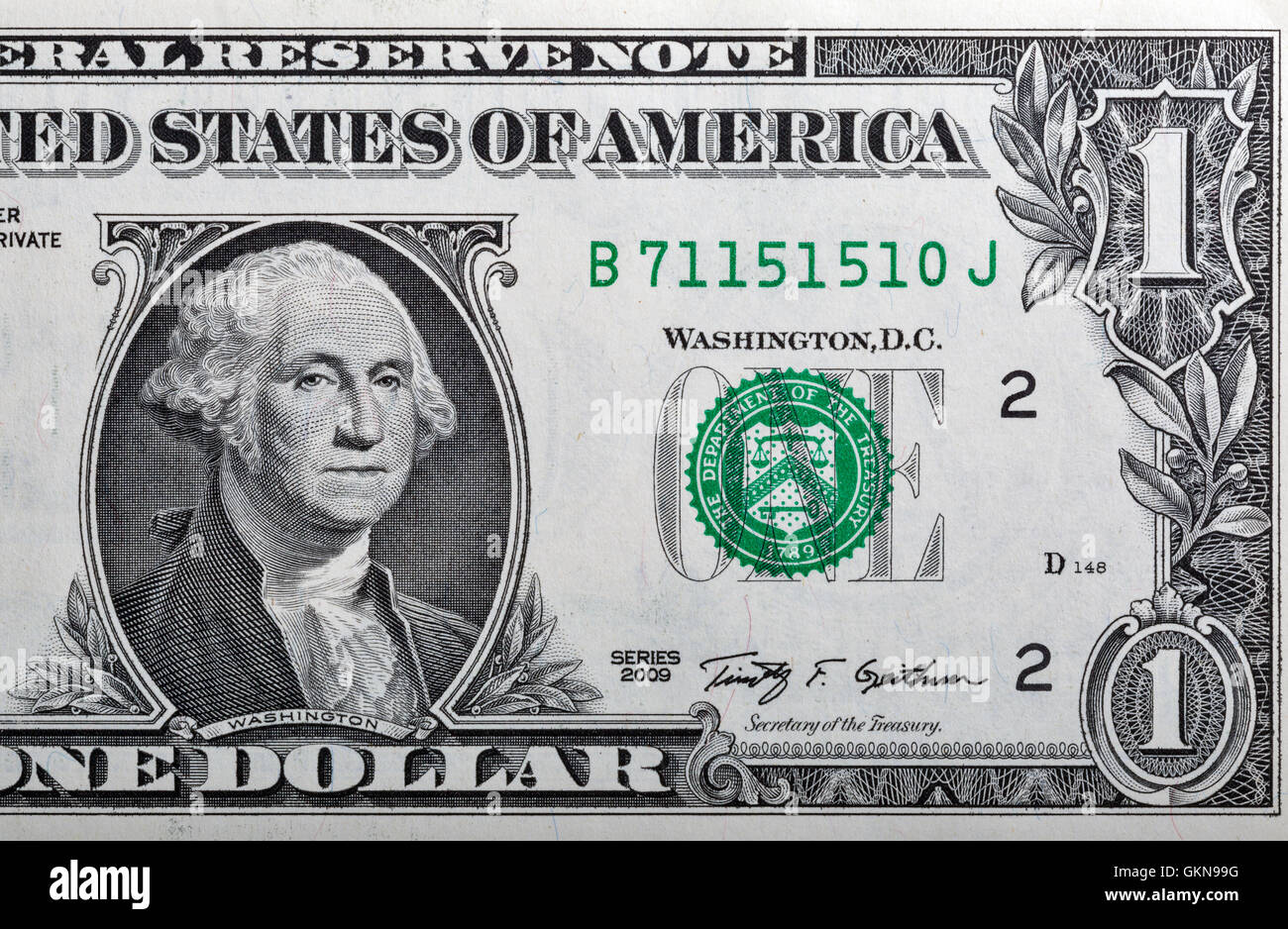 Portrait of the US President George Washington on one dollar banknote ...
