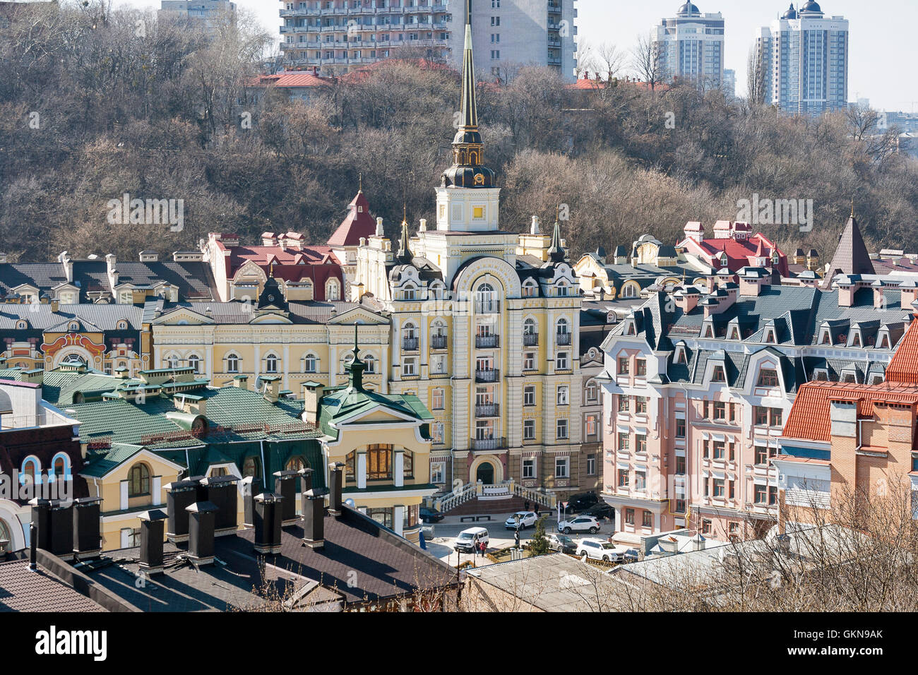 Small colored buildings in Kiev, Ukraine. Taken in Vozdvizhenka ...