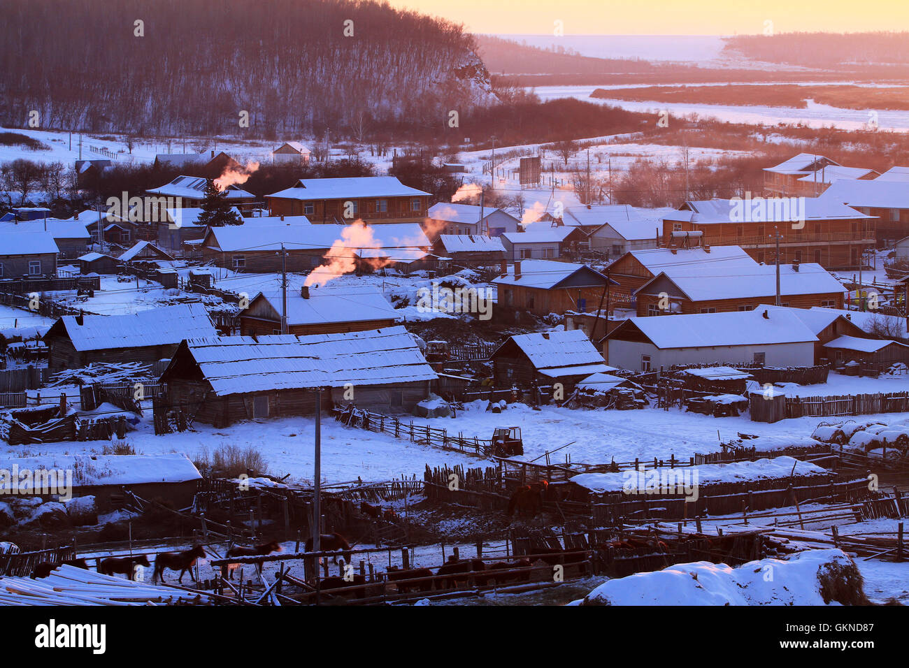 Inner Mongolia Eergu'Na border village of snow Stock Photo - Alamy