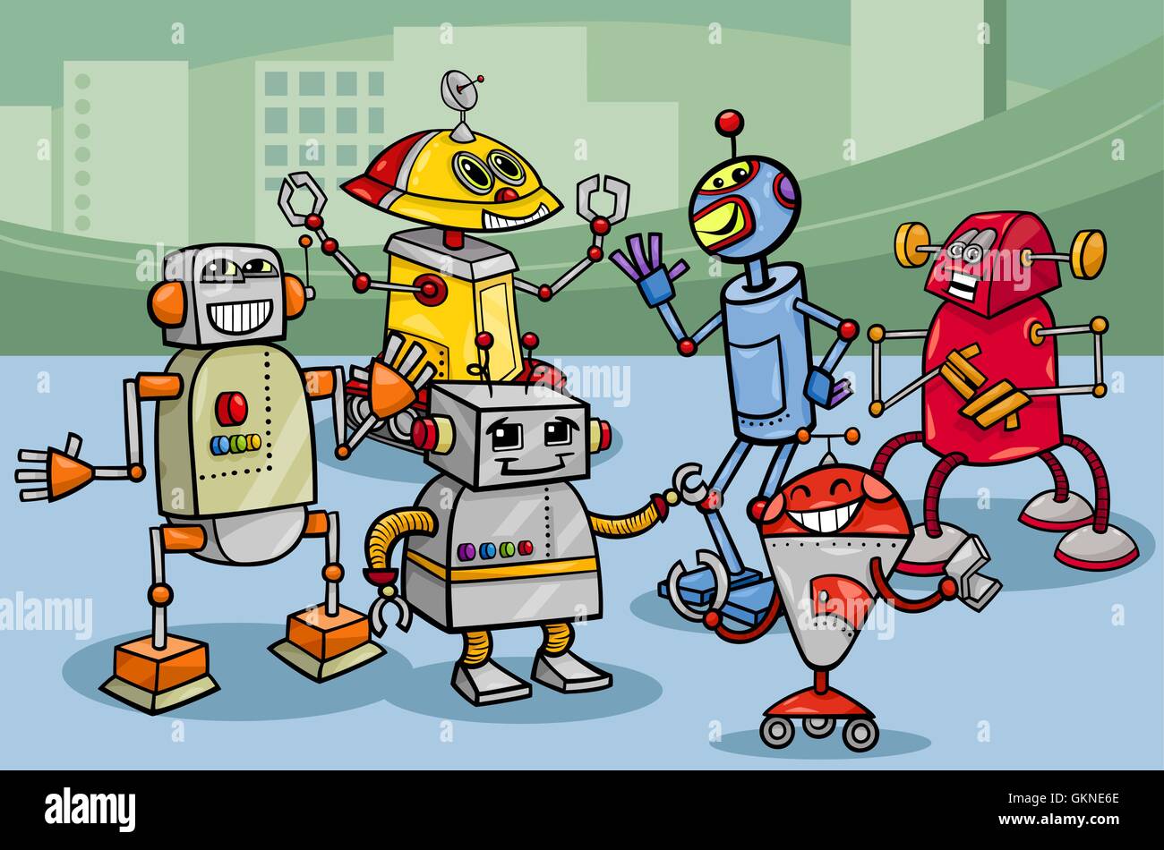 illustration android cartoon group maddening pert coquettish cute robot ...