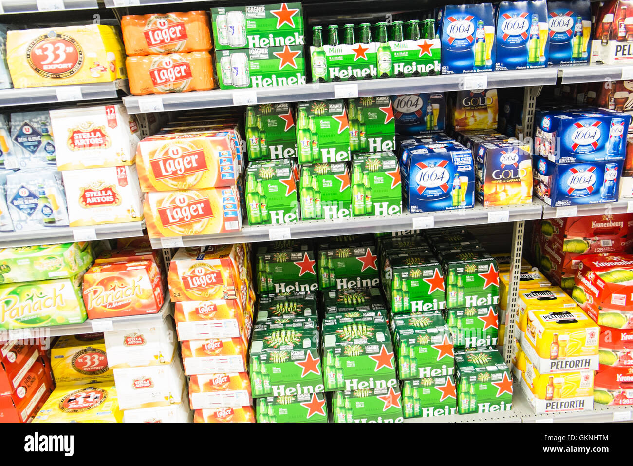Cans of beer,beers,on,Shelves of French supermarket.In Limoux,Aude ...