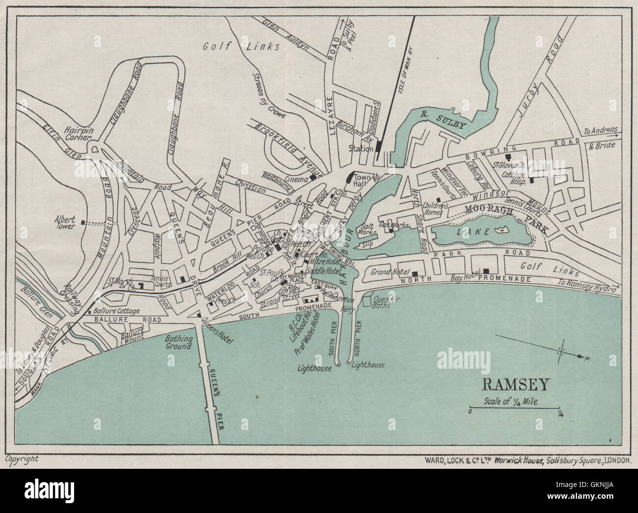RAMSEY vintage town/city plan. Isle of Man. WARD LOCK, 1936 vintage map ...