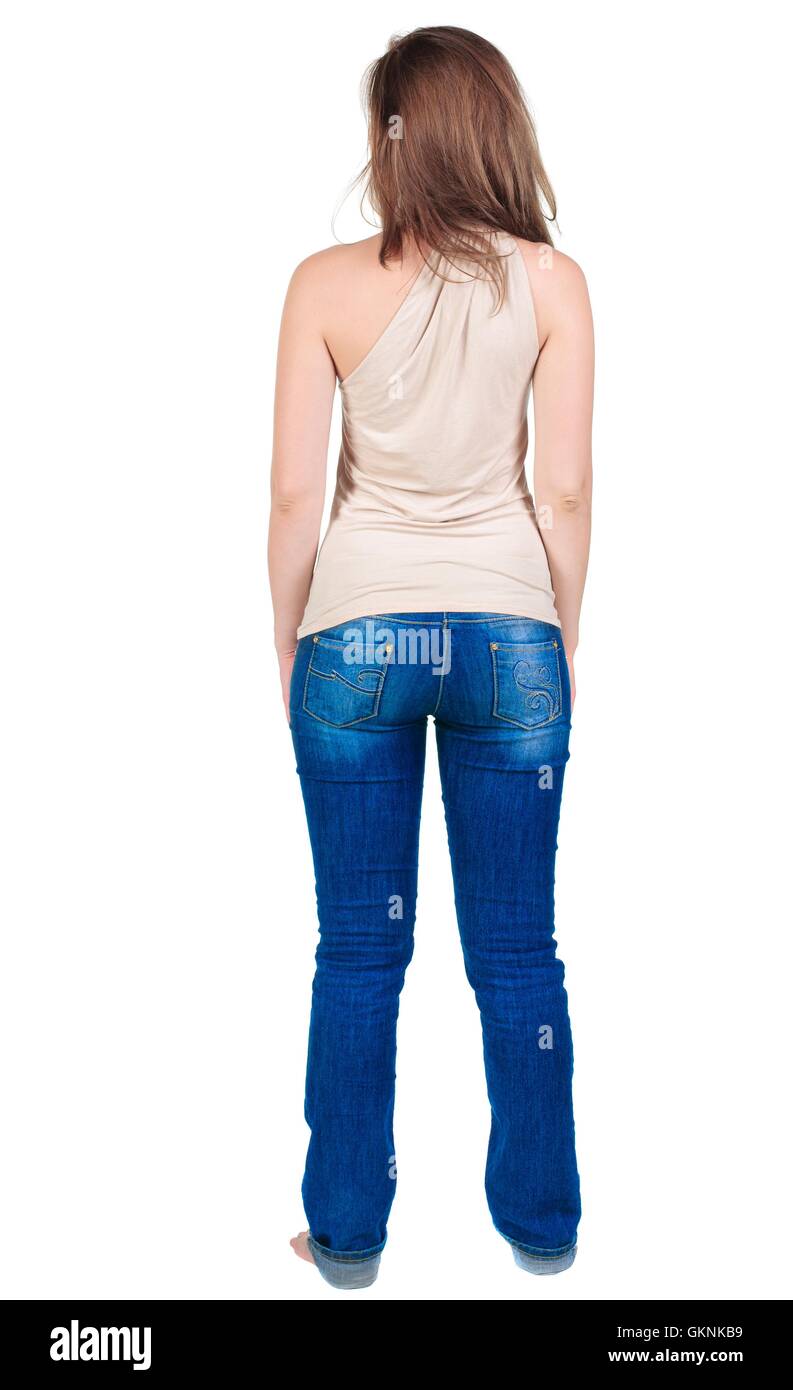 Back view of beautiful yong woman looks ahead. rear Stock Photo - Alamy