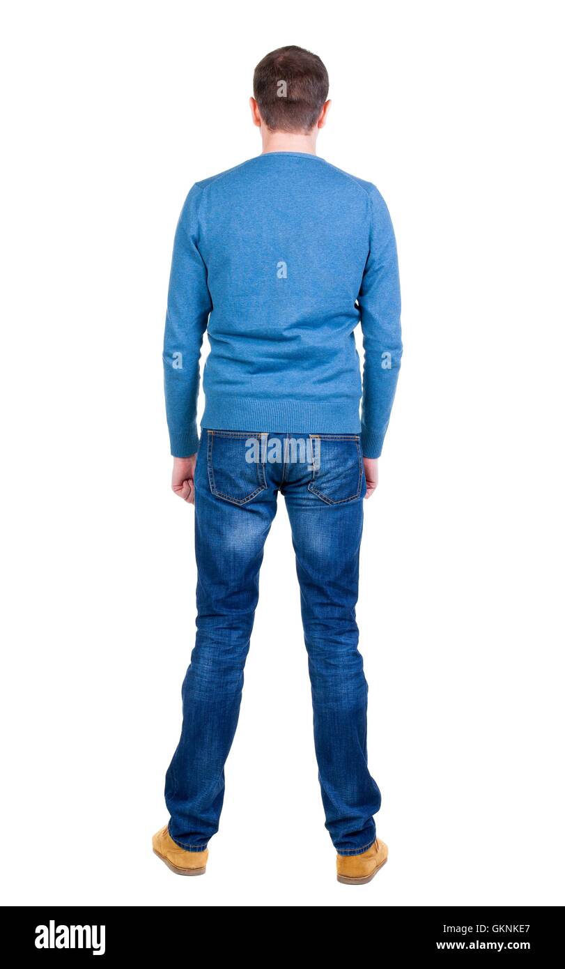 Back view of handsome man in blue pullover looking up Stock Photo - Alamy
