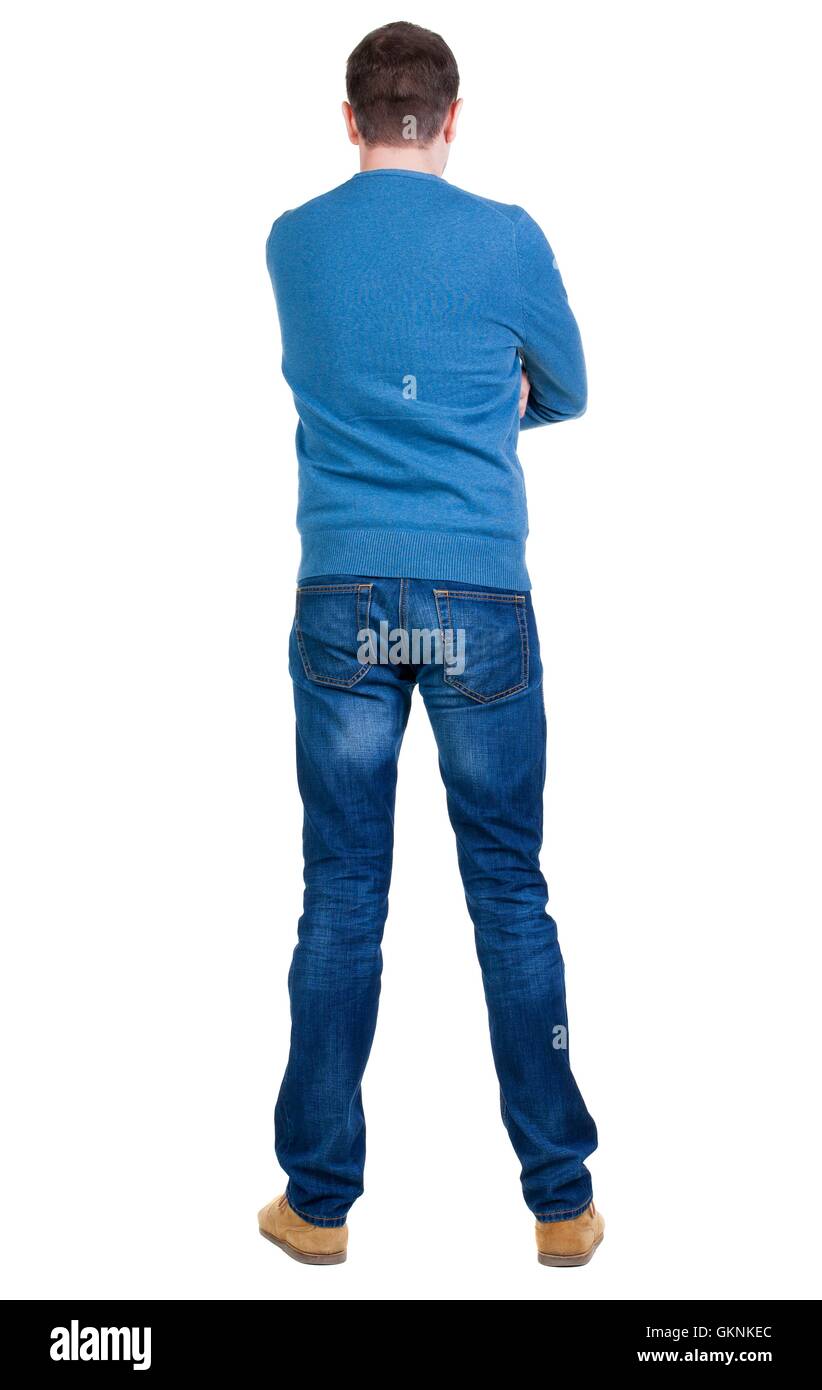 Back view of handsome man in blue pullover looking up Stock Photo - Alamy