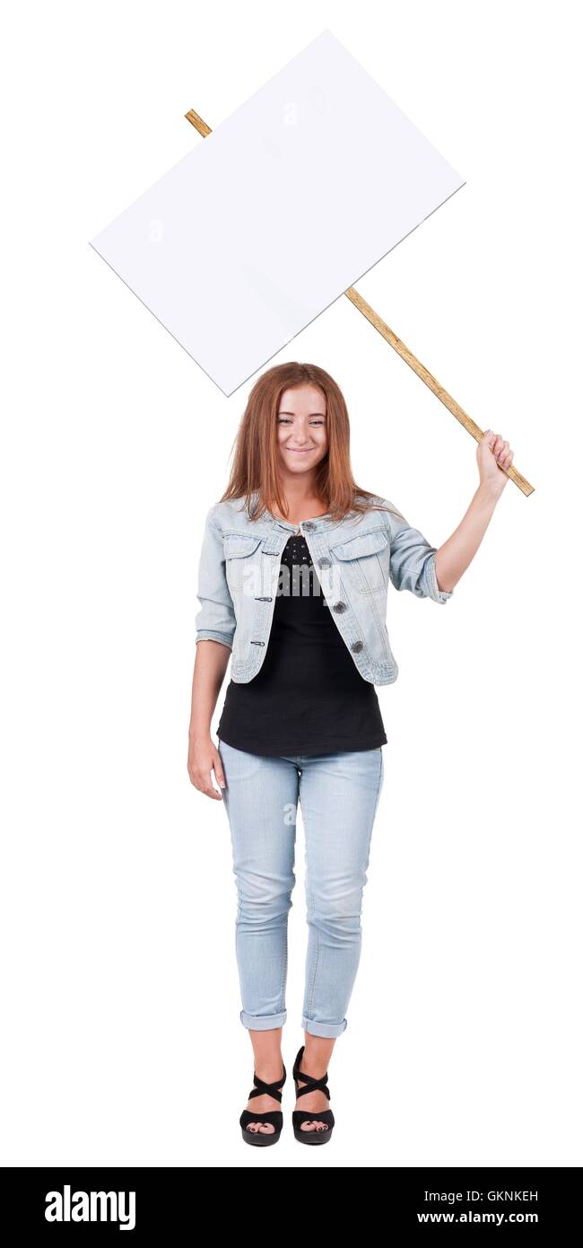 smiling woman showing sign board Stock Photo - Alamy