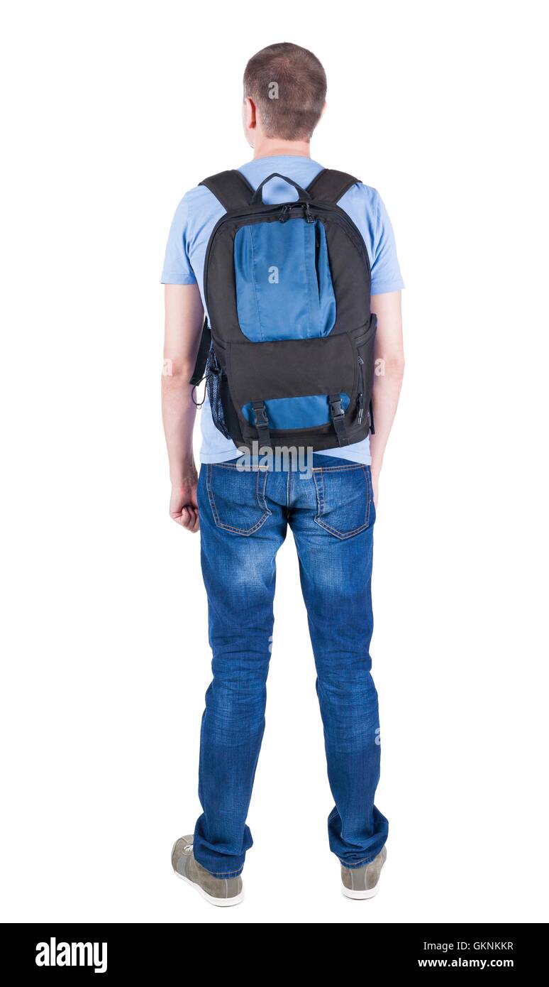 Back view of man with backpack looking up Stock Photo - Alamy