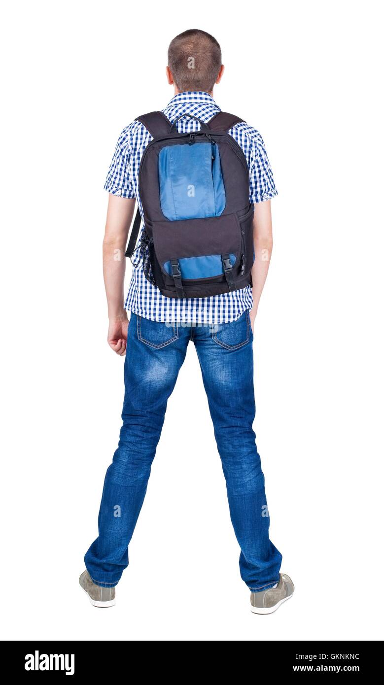 Back view of man with backpack looking up Stock Photo - Alamy