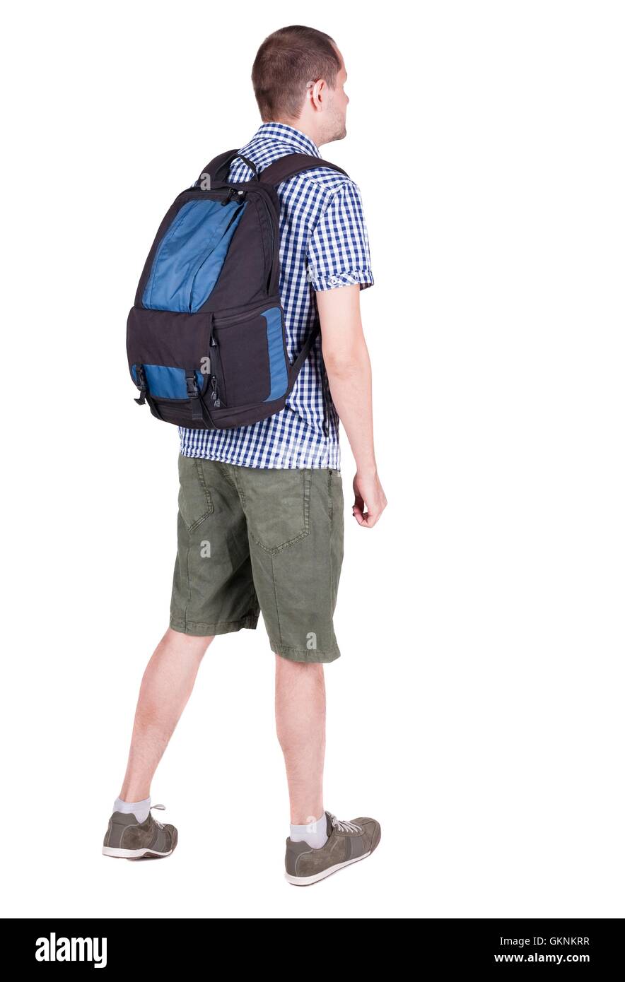 Back view of man with backpack looking up Stock Photo - Alamy