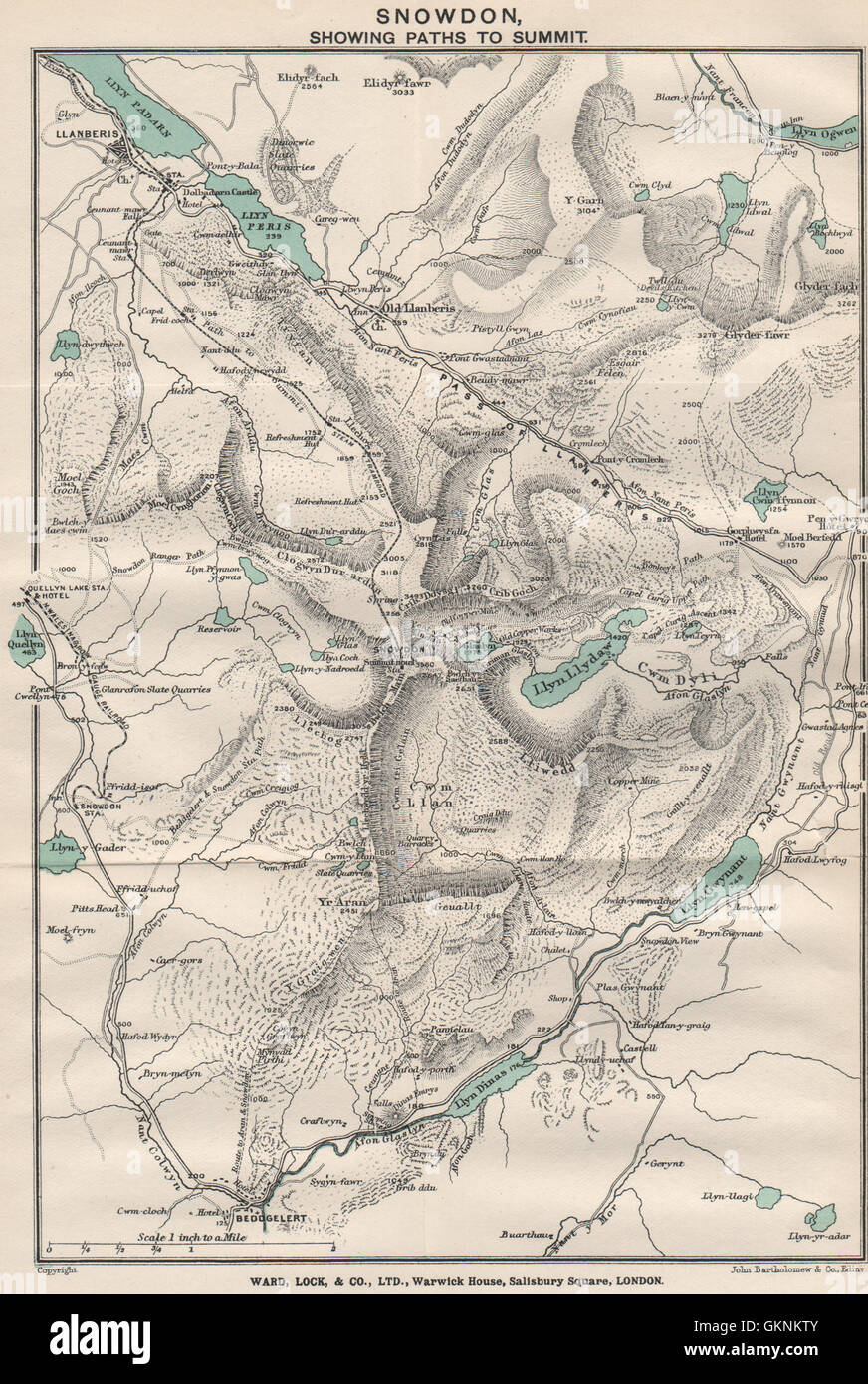SNOWDON SHOWING PATHS TO SUMMIT. Llanberis. WARD LOCK, 1906 antique map ...
