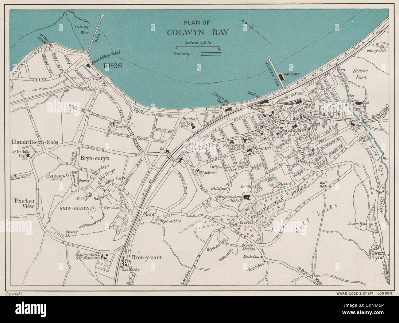 COLWYN BAY vintage town/city plan. Wales. WARD LOCK, 1925 vintage map ...