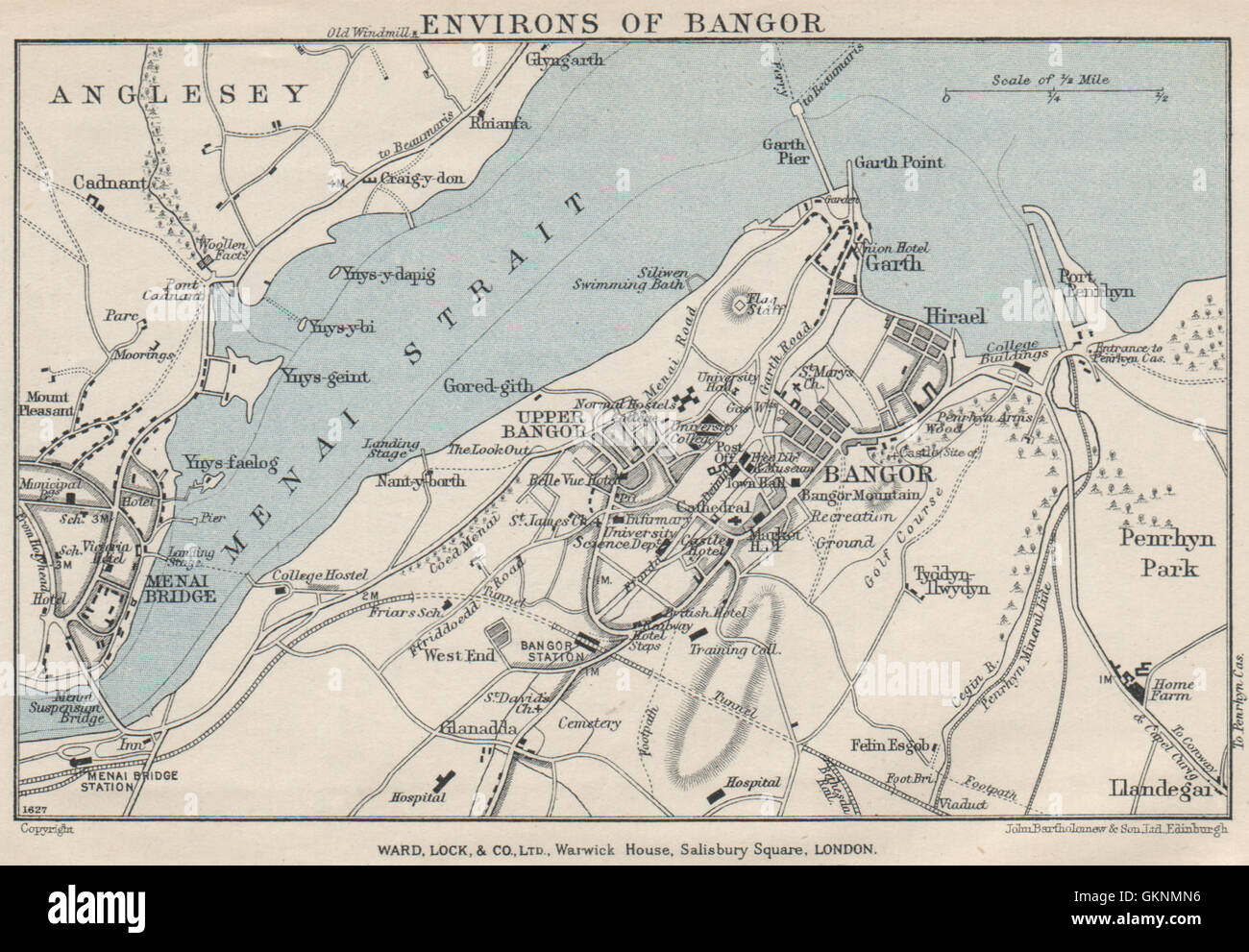 BANGOR vintage town/city plan. Menai Bridge. Wales. WARD LOCK, 1930 old ...