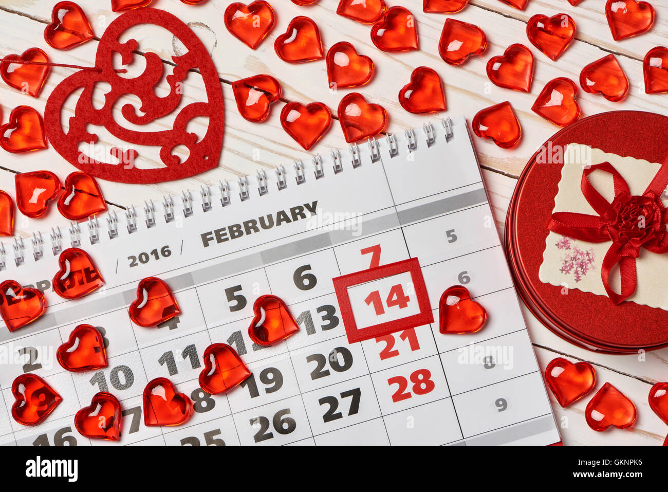 Calendar Valentines day and red hearts Stock Photo - Alamy