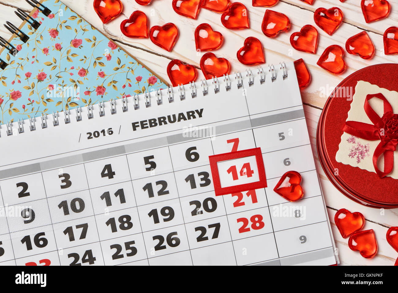 Calendar Valentines day and red hearts Stock Photo - Alamy