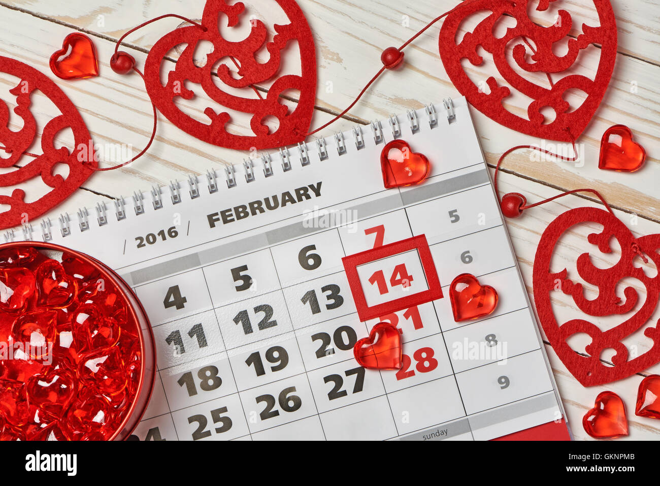 Calendar Valentines day and red hearts Stock Photo - Alamy