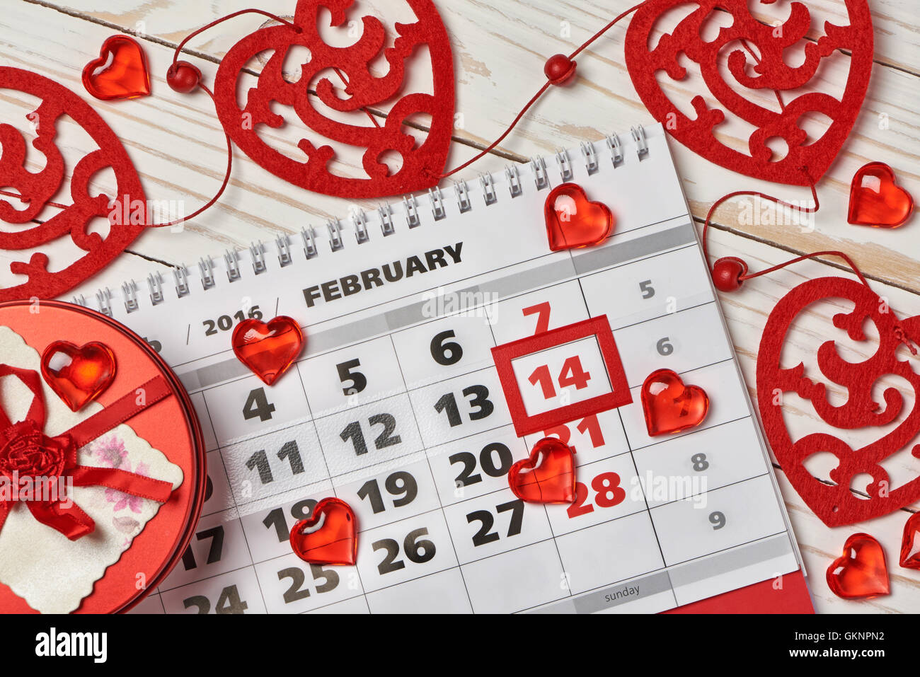 Calendar Valentines day and red hearts Stock Photo - Alamy