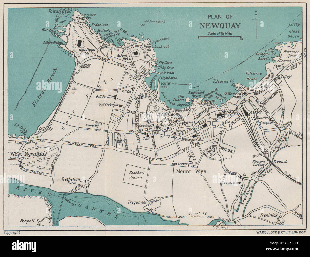 NEWQUAY vintage town/city plan. Cornwall. WARD LOCK, 1924 vintage map ...
