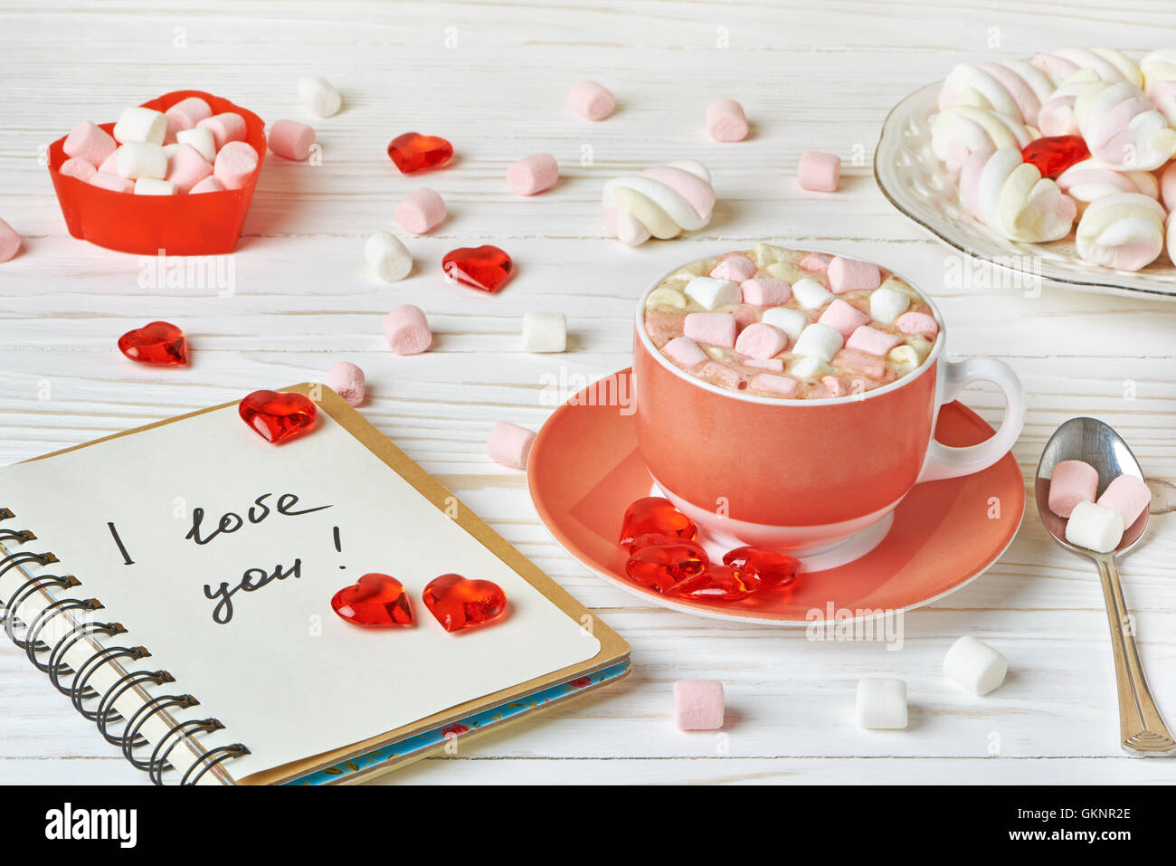 Hot chocolate with marshmallows for Valentines day Stock Photo - Alamy