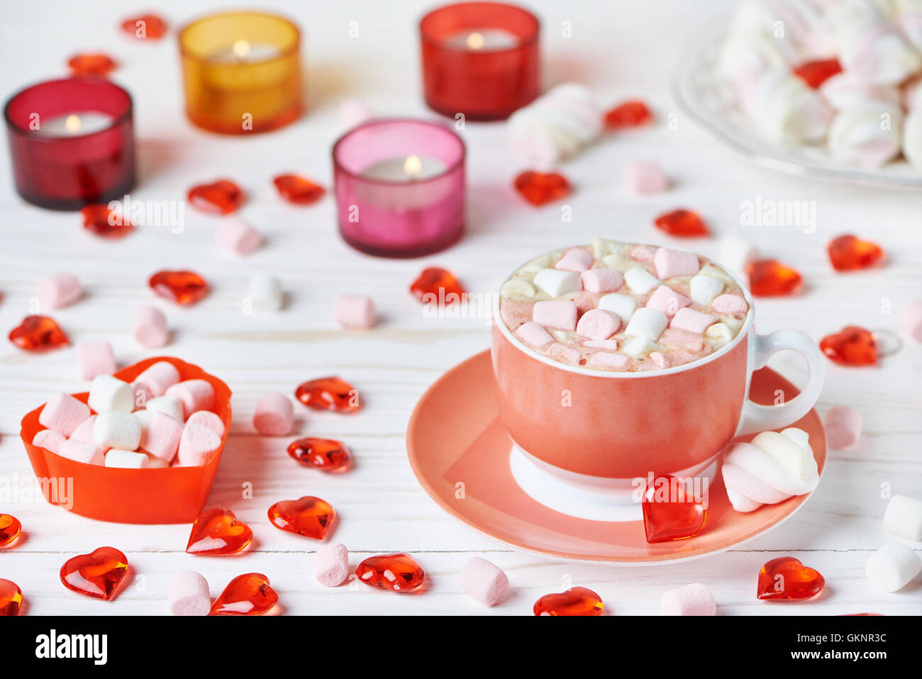 Hot chocolate with marshmallows and candles for Valentines day Stock ...