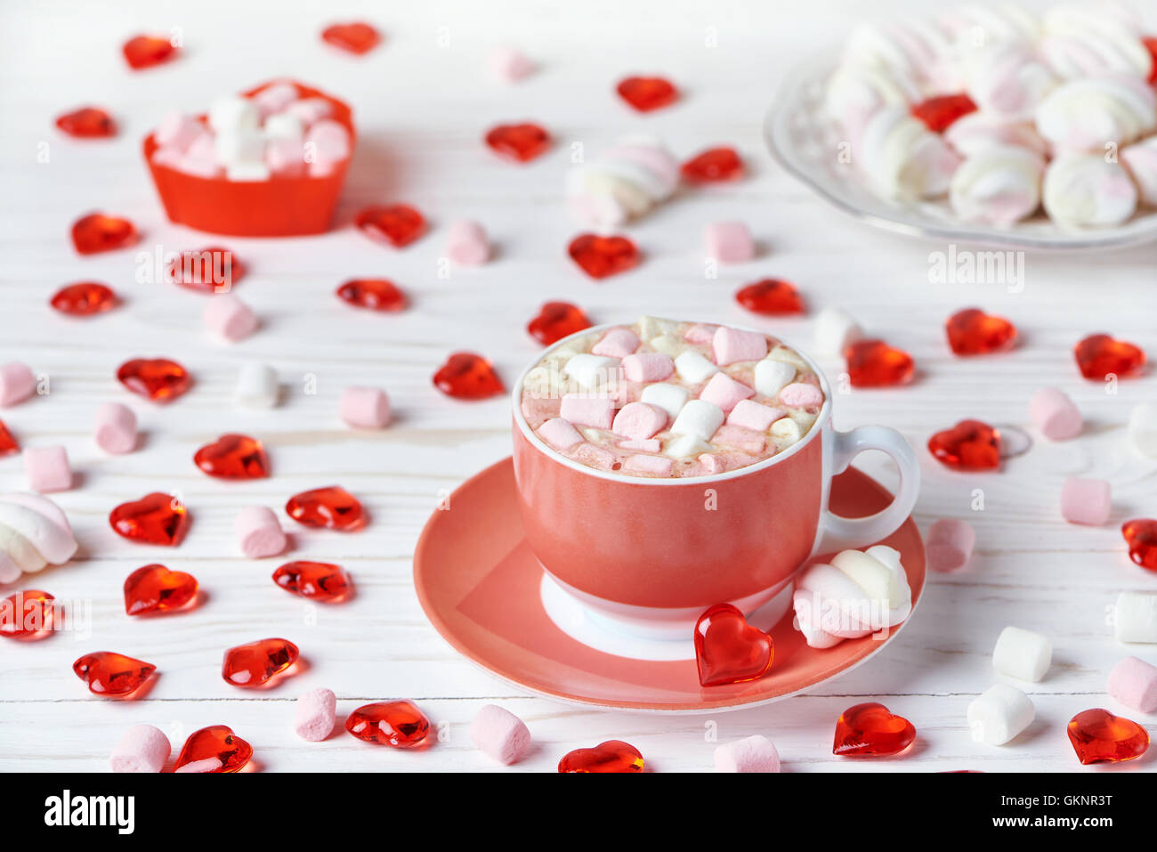 Hot chocolate with marshmallows for Valentines day Stock Photo - Alamy