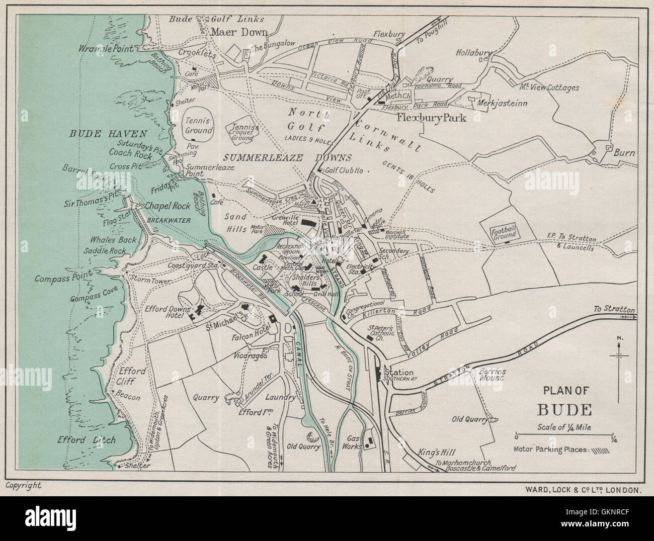 BUDE vintage town/city plan. Cornwall. WARD LOCK, 1936 vintage map ...