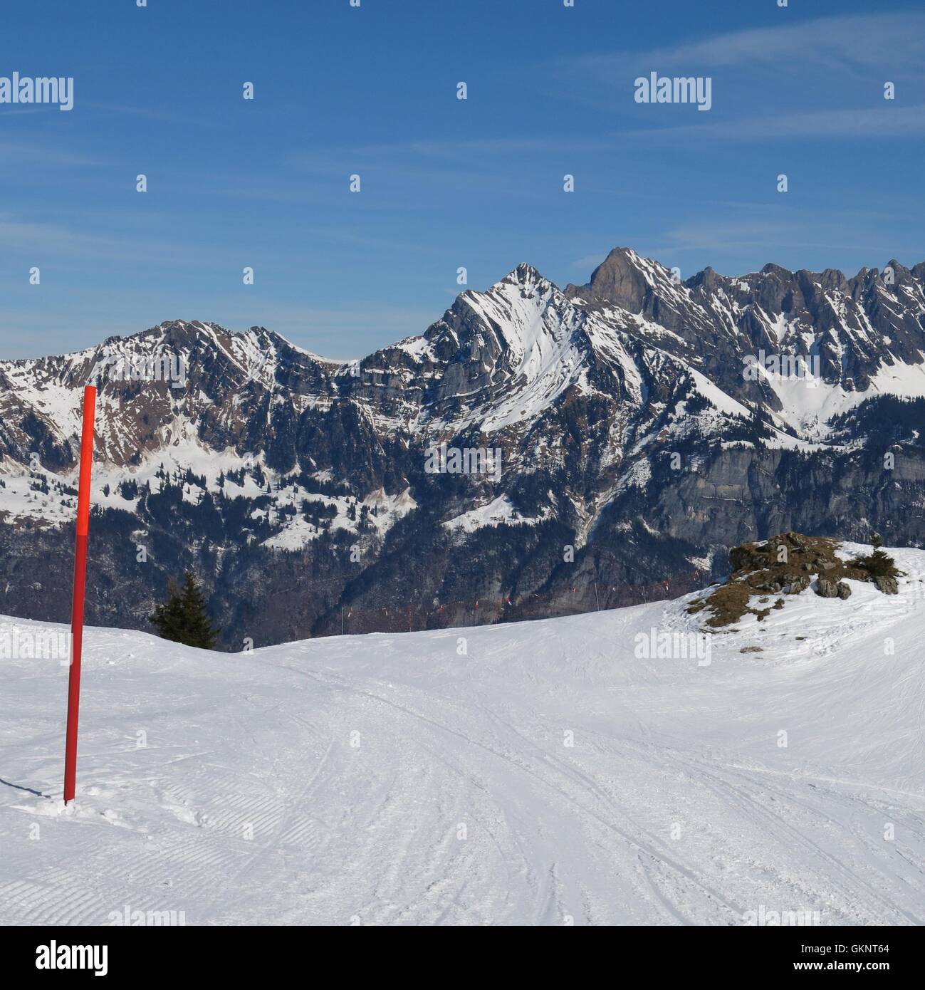Scene in the Flumserberg ski area, Switzerland. Slope and mountains of ...