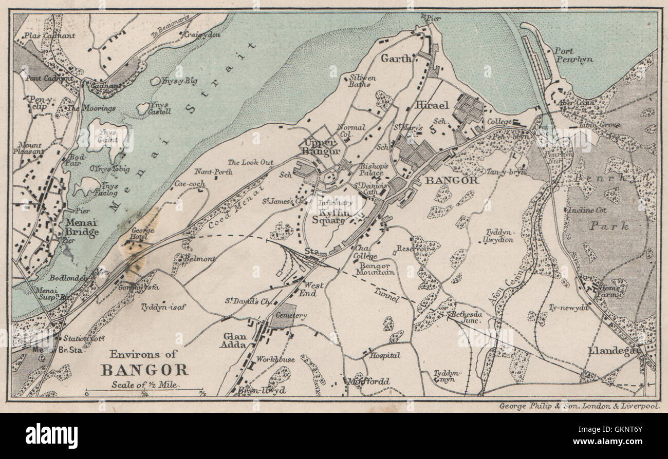 BANGOR vintage town/city plan. Menai Bridge. Wales. WARD LOCK, 1901 old ...