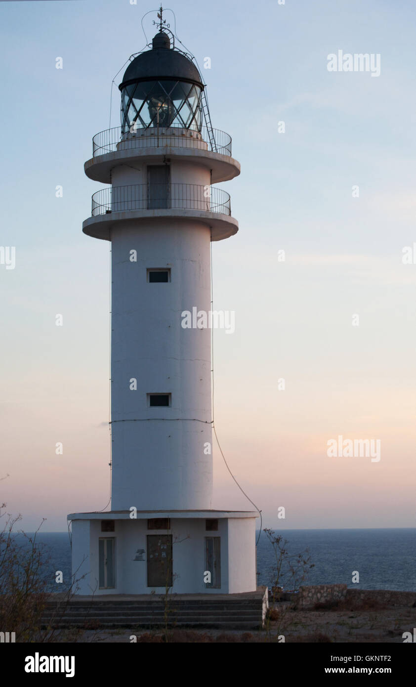 Fomentera: view of Cap de Barbaria Lighthouse at sunset, built in 1972 ...