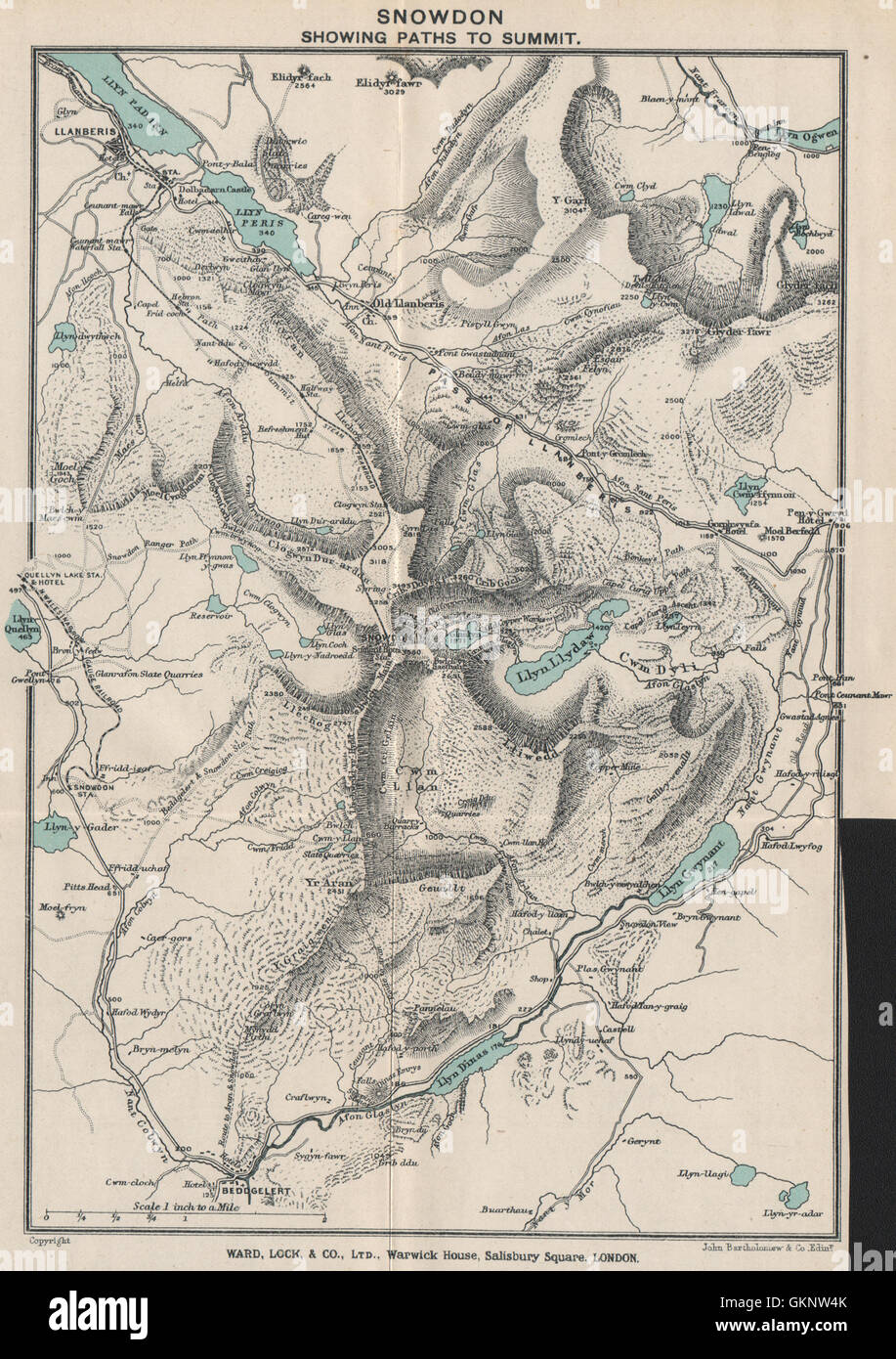SNOWDON SHOWING PATHS TO SUMMIT. Llanberis. WARD LOCK, 1913 antique map ...