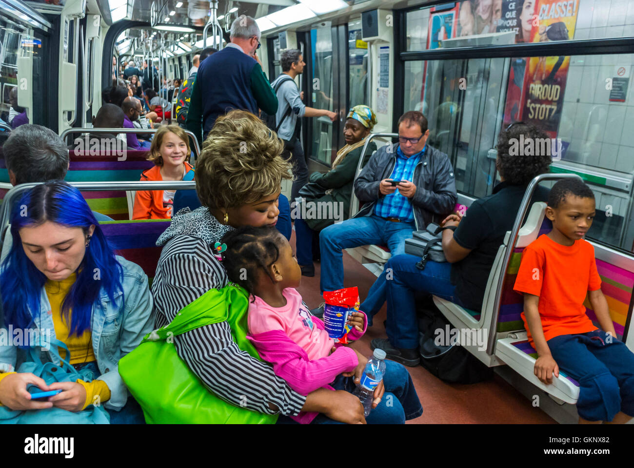 Paris, France, View inside Crowd People riding, Paris Metro ...