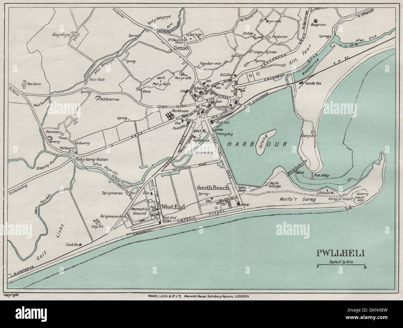 PWLLHELI vintage town/city plan. Wales. WARD LOCK, 1936 vintage map ...