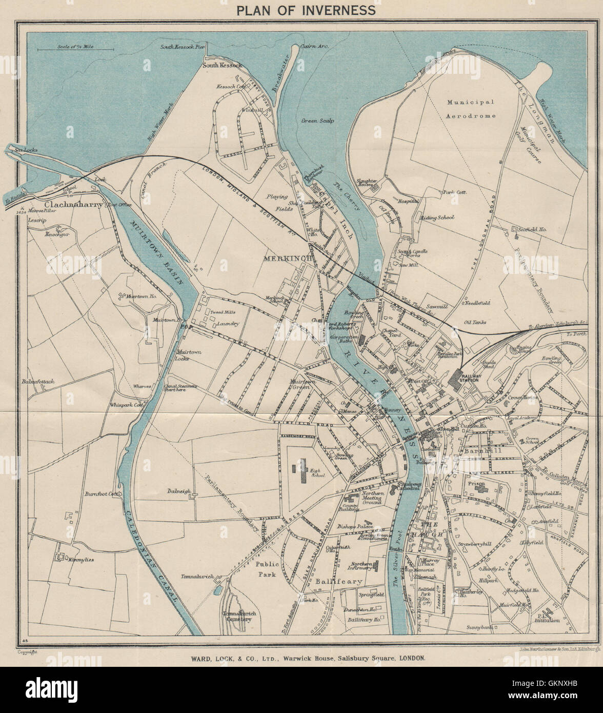 INVERNESS vintage town/city plan. Scotland. WARD LOCK, 1939 vintage map ...