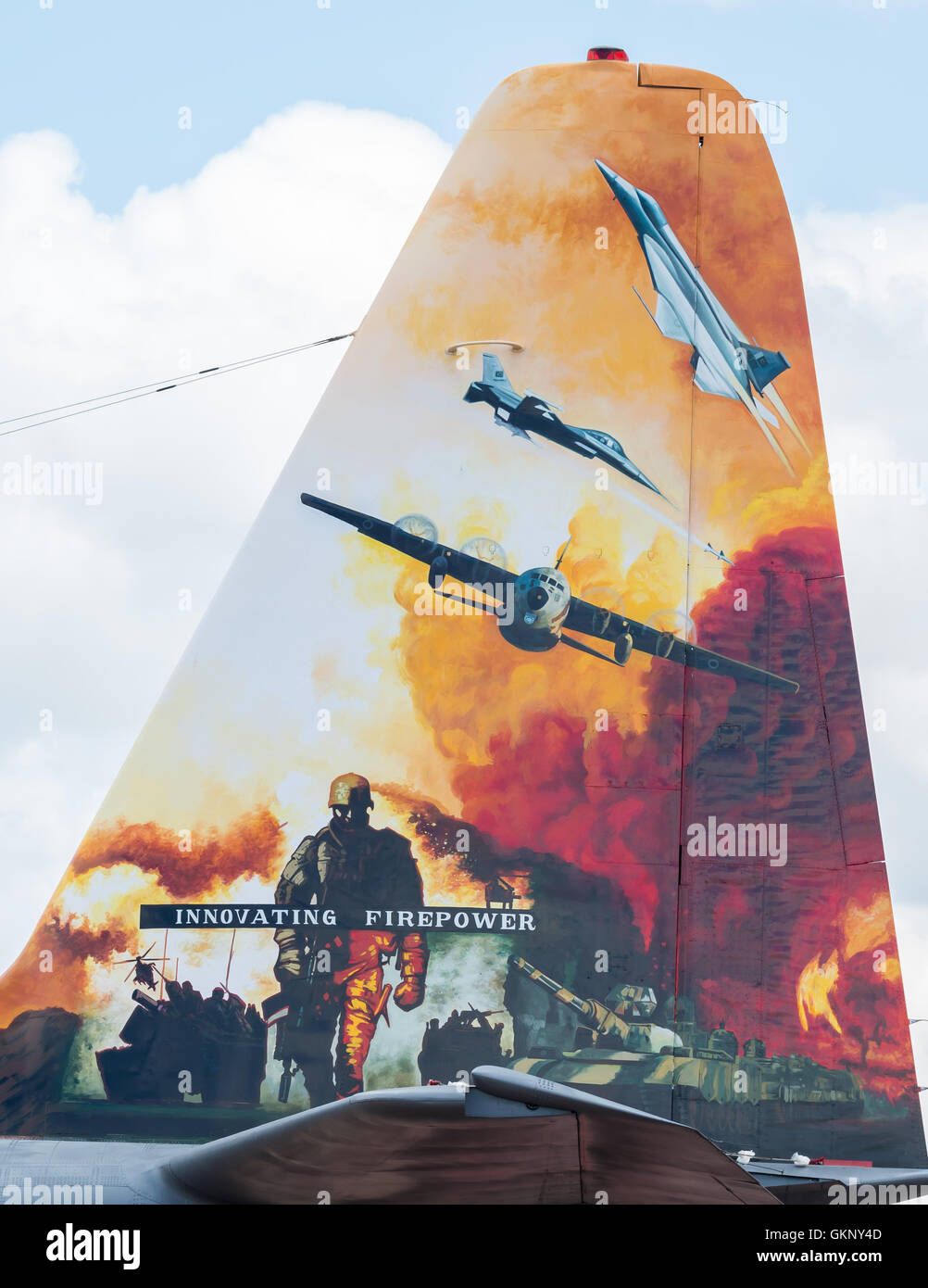 Aircraft tail on static display at an airshow over RAF Fairford ...